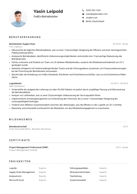 Lebenslauf-Muster für FedEx-Betriebsleiter*in