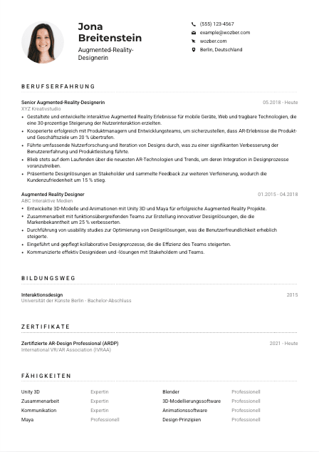 Lebenslauf-Muster für Augmented-Reality-Designer*in