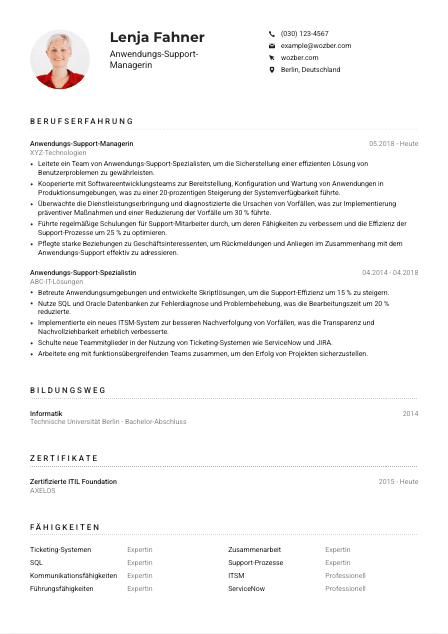 Lebenslauf-Muster für Anwendungs-Support-Manager*in