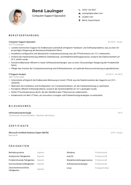 Lebenslauf-Muster für Computer-Support-Spezialist*in