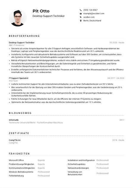 Lebenslauf-Muster für Desktop-Support-Techniker*in