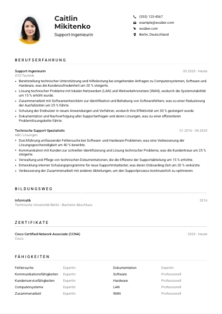 Lebenslauf-Muster für Support-Ingenieur*in