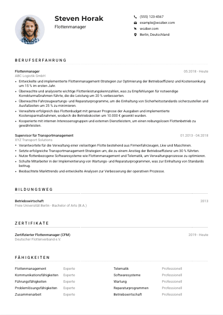 Lebenslauf-Muster für Flottenmanager*in