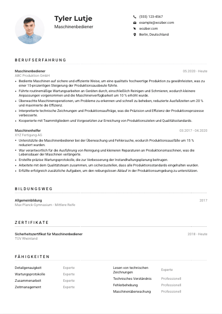 Lebenslauf-Muster für Maschinenbediener*in