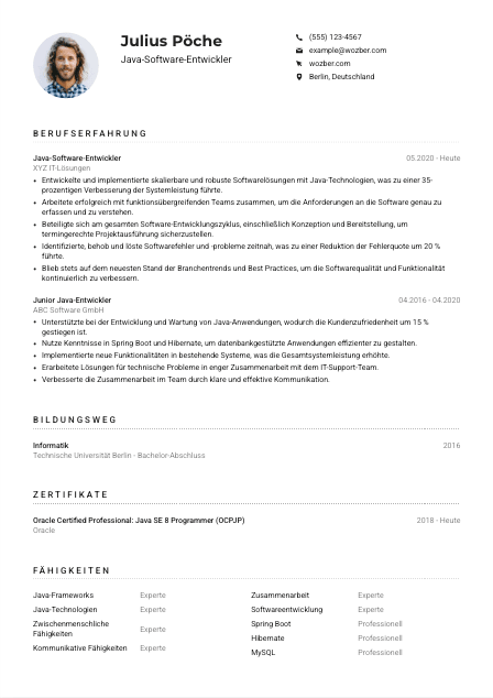 Lebenslauf-Muster für Java-Software-Entwickler*in