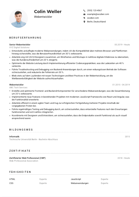 Lebenslauf-Muster für Webentwickler*in