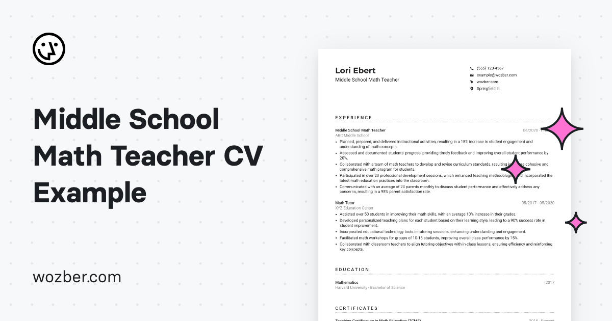 Middle School Math Teacher CV Example