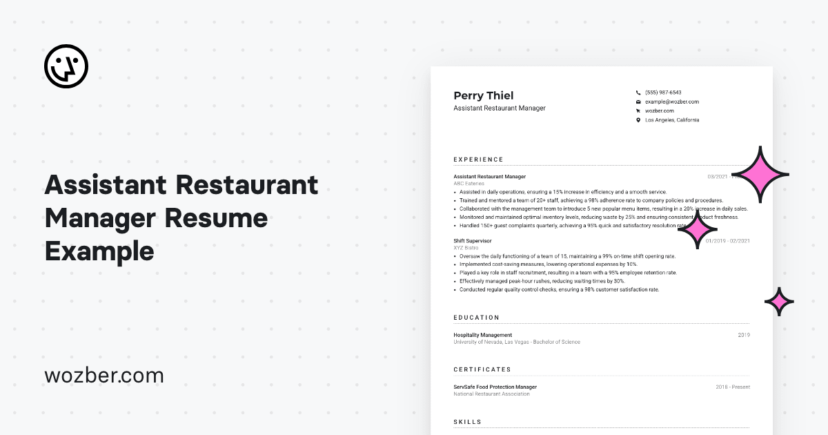 Assistant Restaurant Manager Resume Example