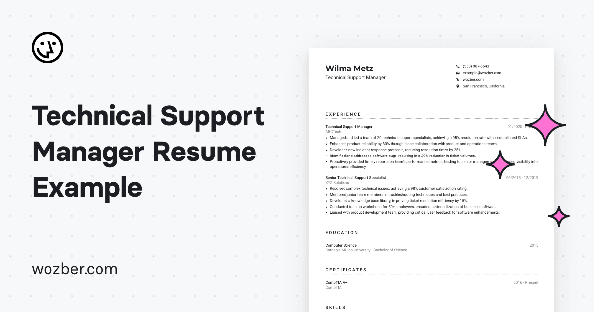 Technical Support Manager Resume Example