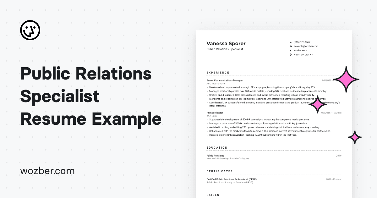 Public Relations Specialist Resume Example