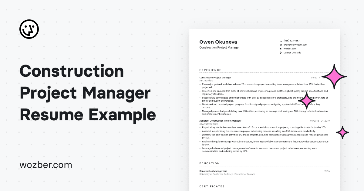 Construction Project Manager Resume Example