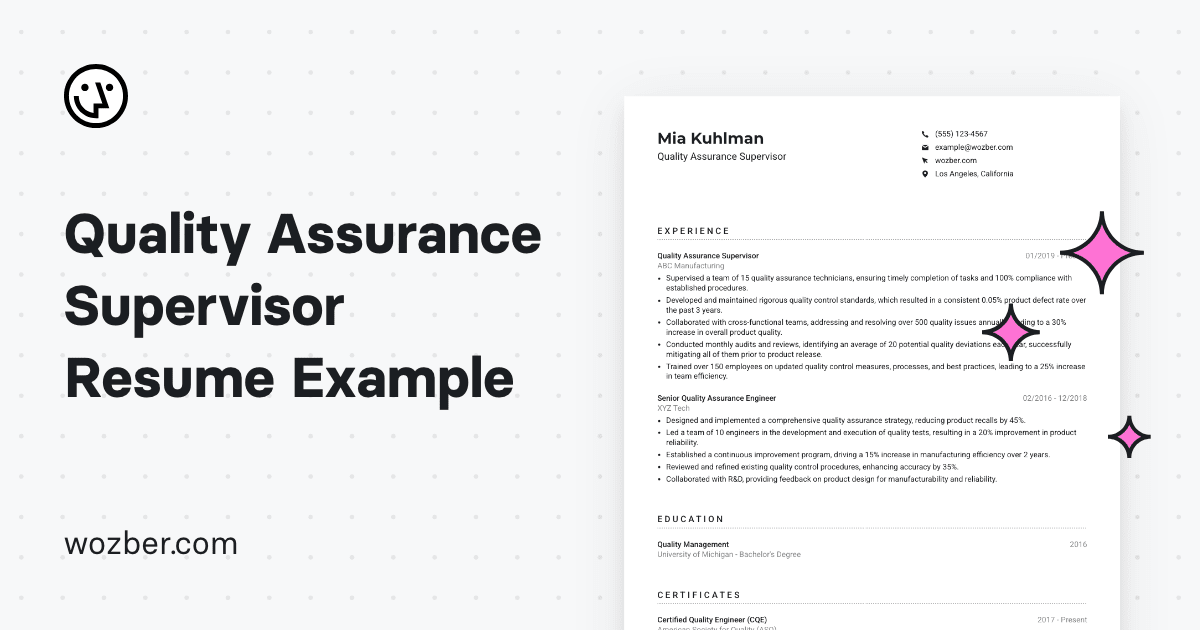 Quality Assurance Supervisor CV Example Quality Assurance Supervisor CV Example