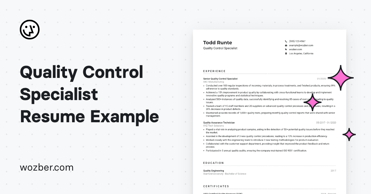 Quality Control Specialist Resume Example