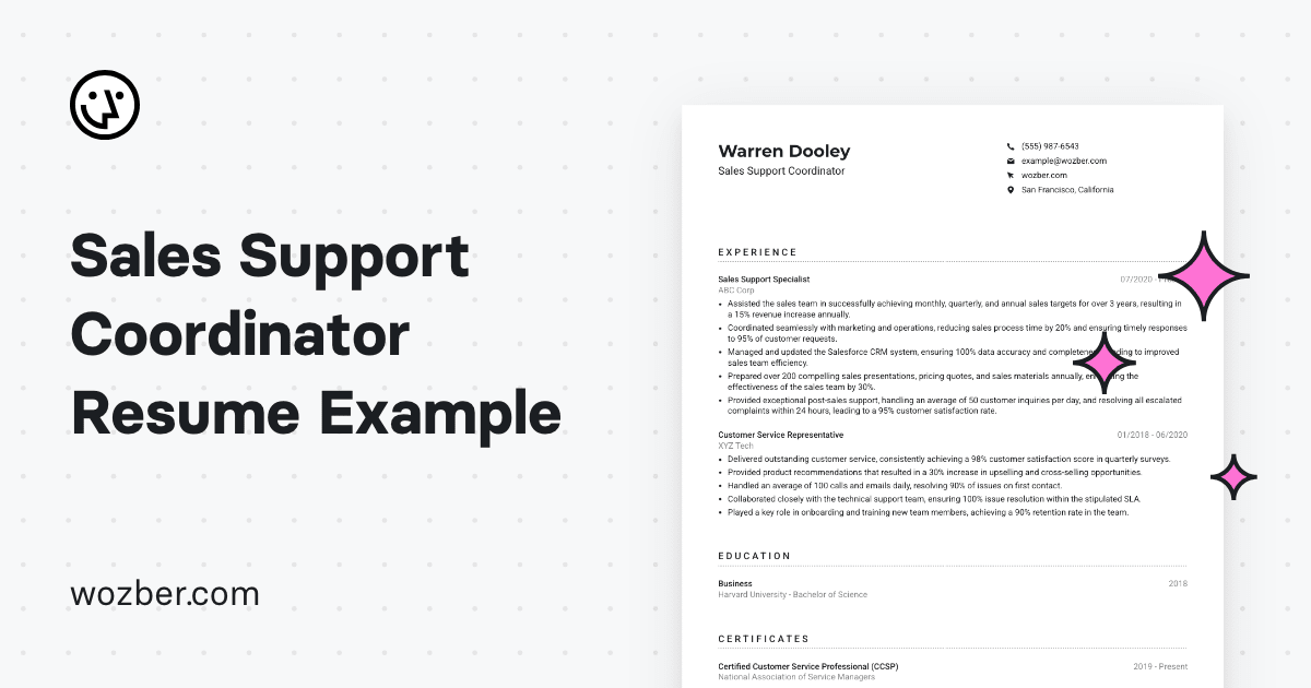 Sales Support Coordinator Resume Example